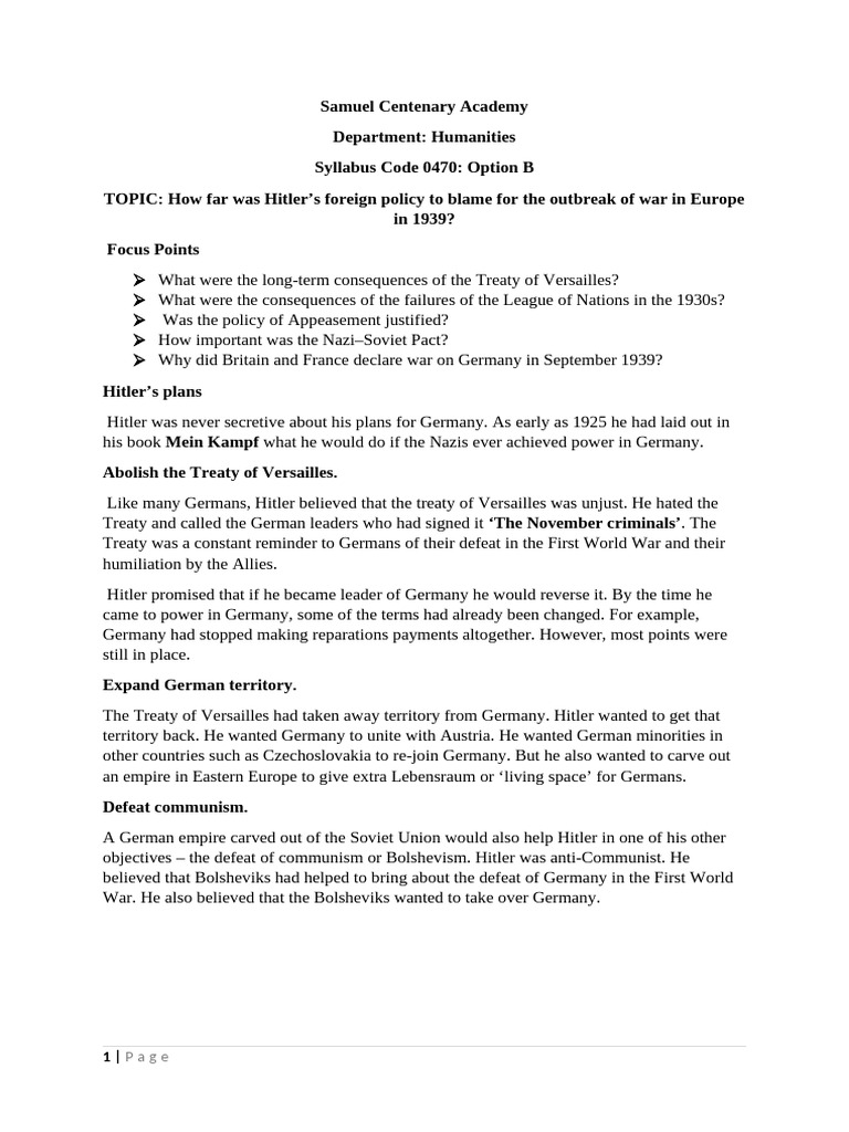 How Far Was Hitler's Foreign Policy To Blame For The Outbreak of War in ...
