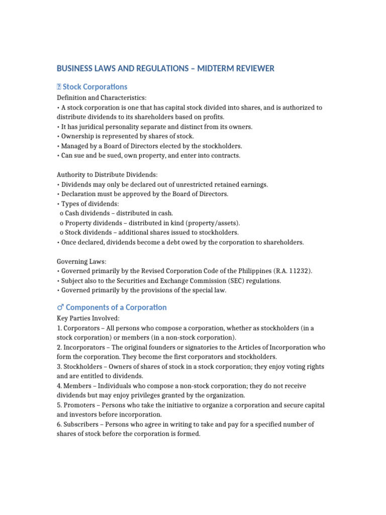 Business Laws: Stock Corporations Guide | PDF | Corporations | Stocks