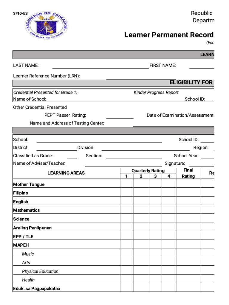 Elementary Learner Record Form SF10-ES | PDF