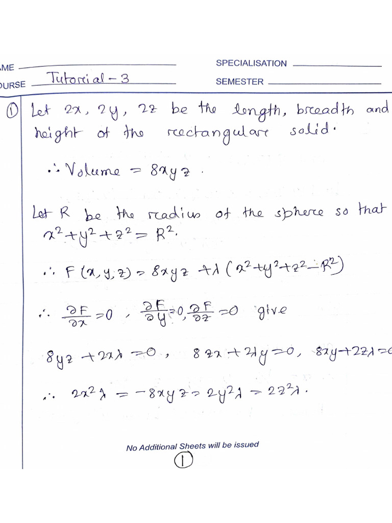 Unit 2 Functions of Several Variables Tutorial 3 Solutions | PDF