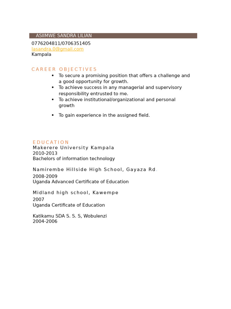 Sandra Lilian Asiimwe's Professional CV | PDF | Pharmacy | Banks