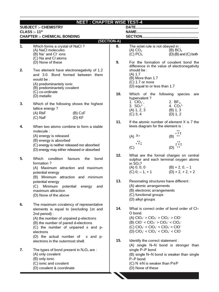 1-Chemical Bonding Question | PDF | Chemical Bond | Ionic Bonding