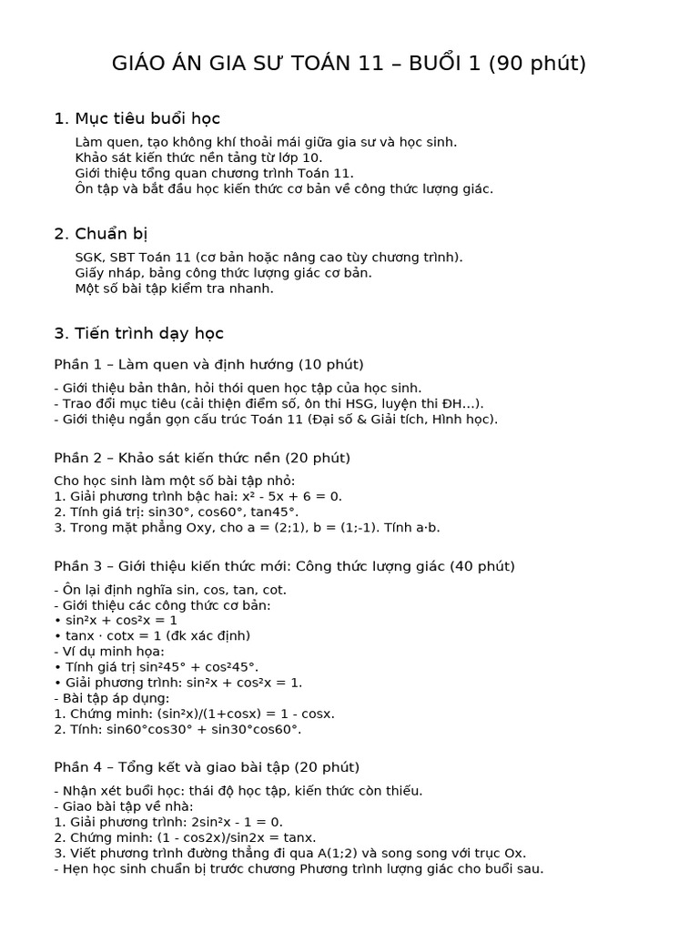 Giao An Toan11 Buoi1 Fixed | PDF