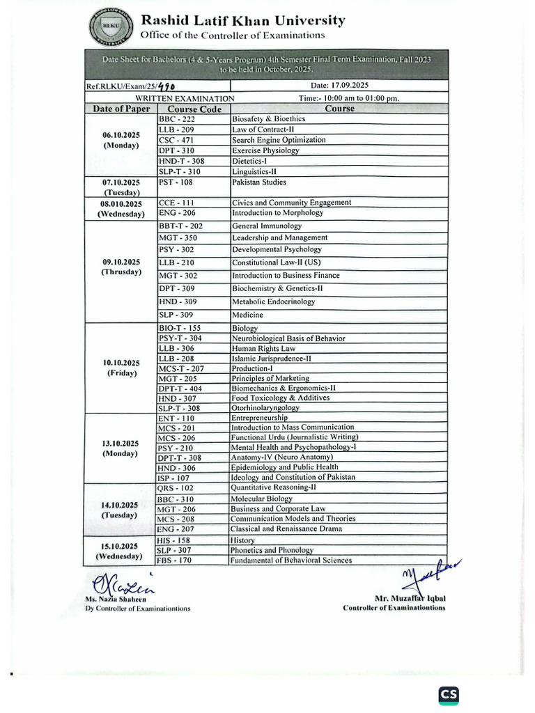 Finals Date Sheet | PDF