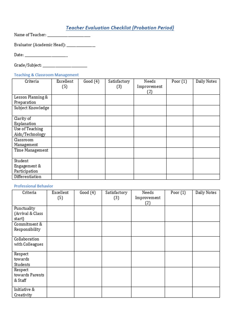 Teacher Evaluation Checklist Template | PDF | Teachers | Classroom ...