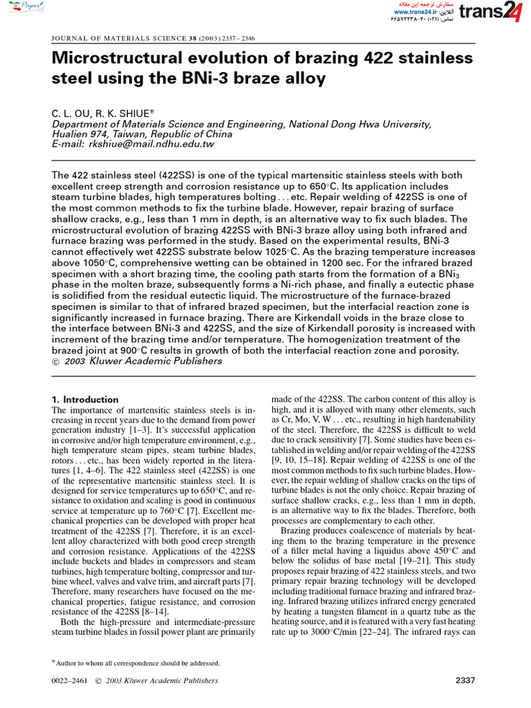 Microstructural Evolution of Brazing 422 Stainless Steel Using the BNi ...
