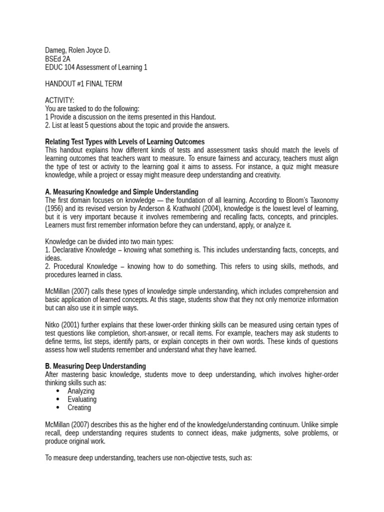 Educ 104 Handout | PDF | Educational Assessment | Knowledge