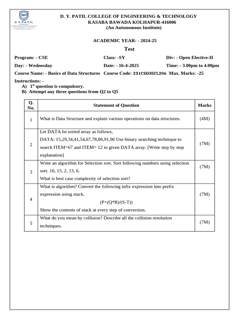 BDS Test Question Paper 2024-25 Set-II | PDF