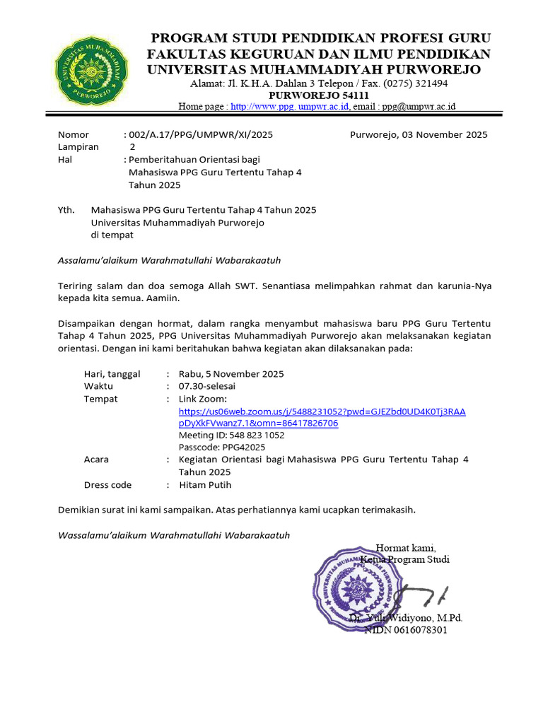 Orientasi Mahasiswa PPG 2025 UMPWR | PDF