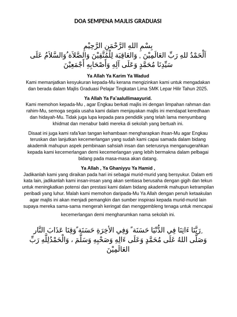 Doa Majlis Graduasi SMK Lepar Hilir | PDF