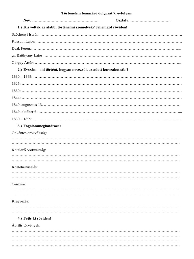 Történelem témazáró dolgozat 7 | PDF