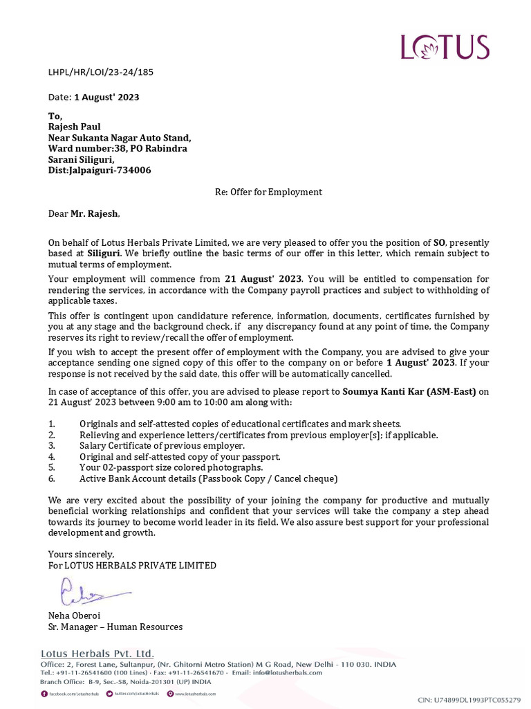 Offer Letter - Rajesh Paul | PDF | Economies | Payments
