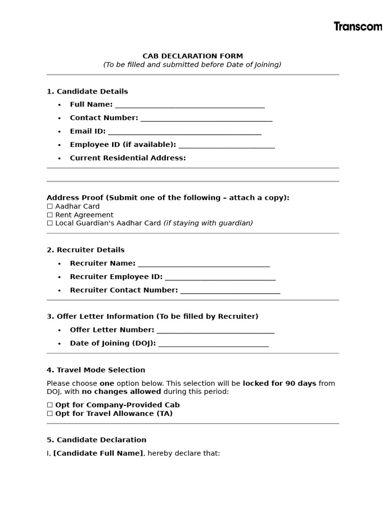 Cab Declaration Form | PDF