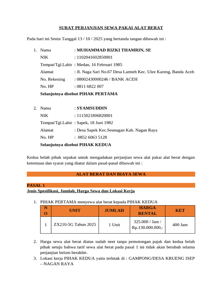 Perjanjian Sewa Alat Berat 2025 | PDF