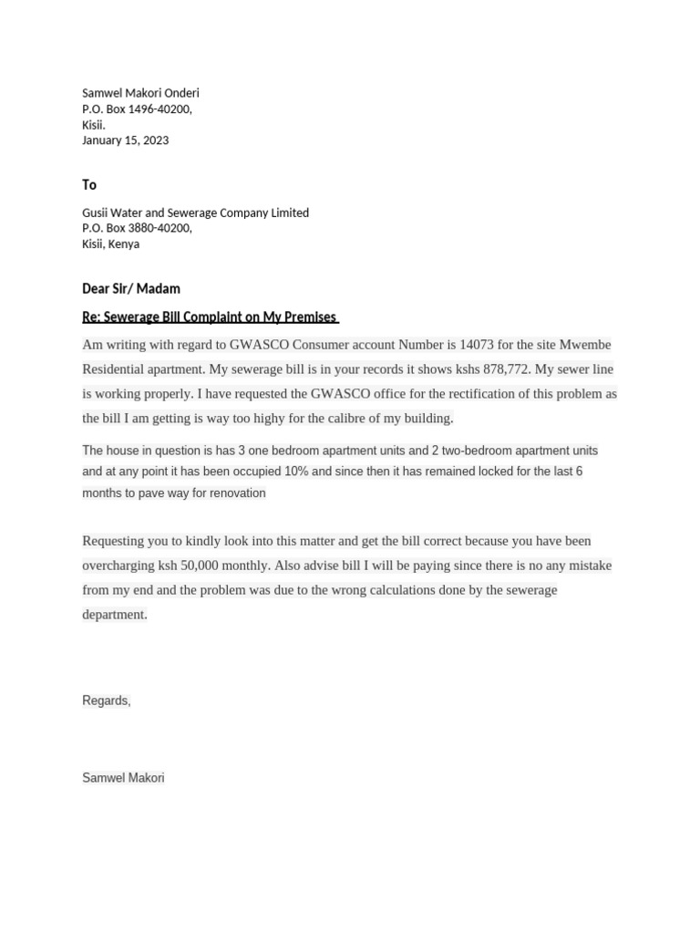 Sewerage Bill Dispute Letter to GWASCO | PDF