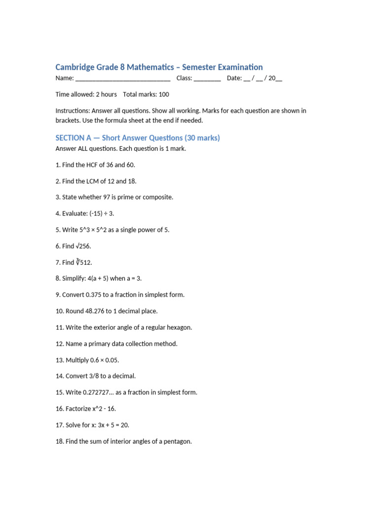Cambridge Grade 8 Math Exam Guide | PDF | Multiplication | Odds