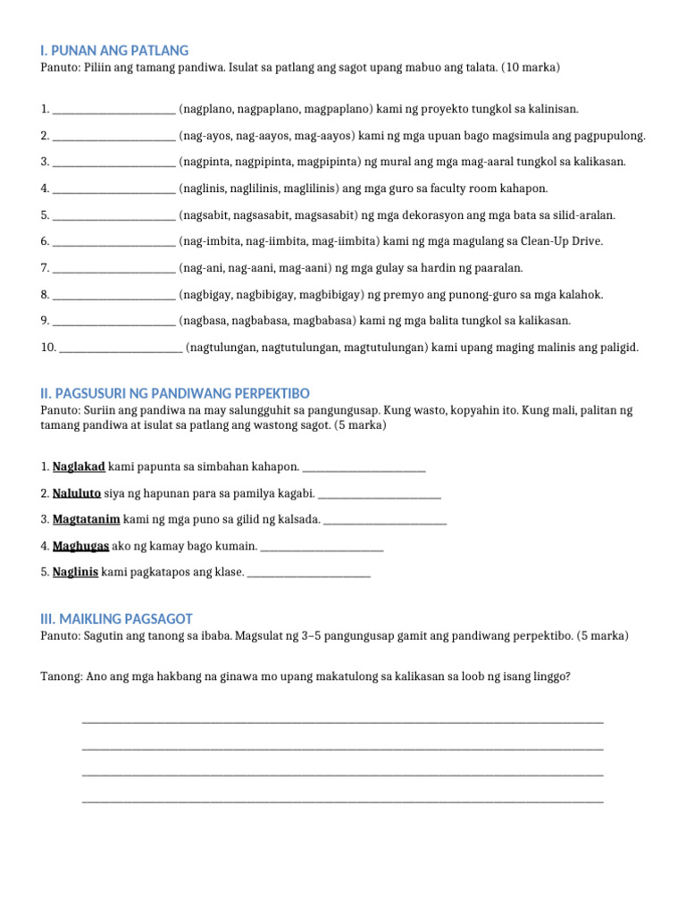 Filipino4 Pandiwang Perpektibo New Version Set2 | PDF