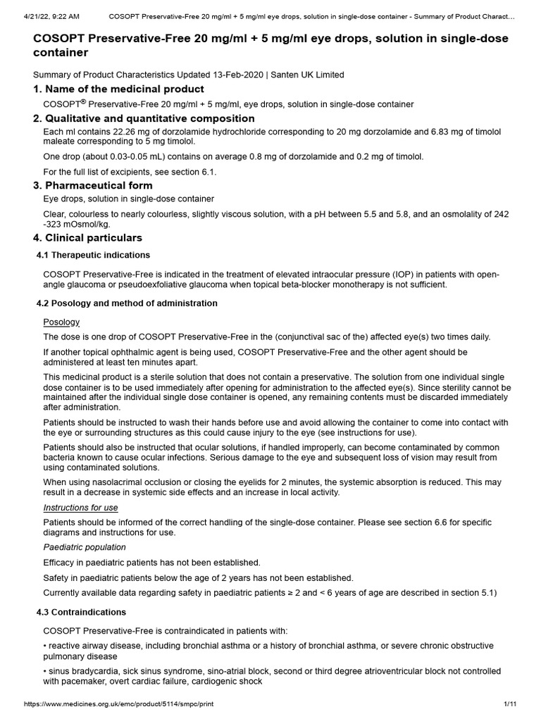COSOPT Preservative-Free Eye Drops Overview | PDF | Glaucoma ...
