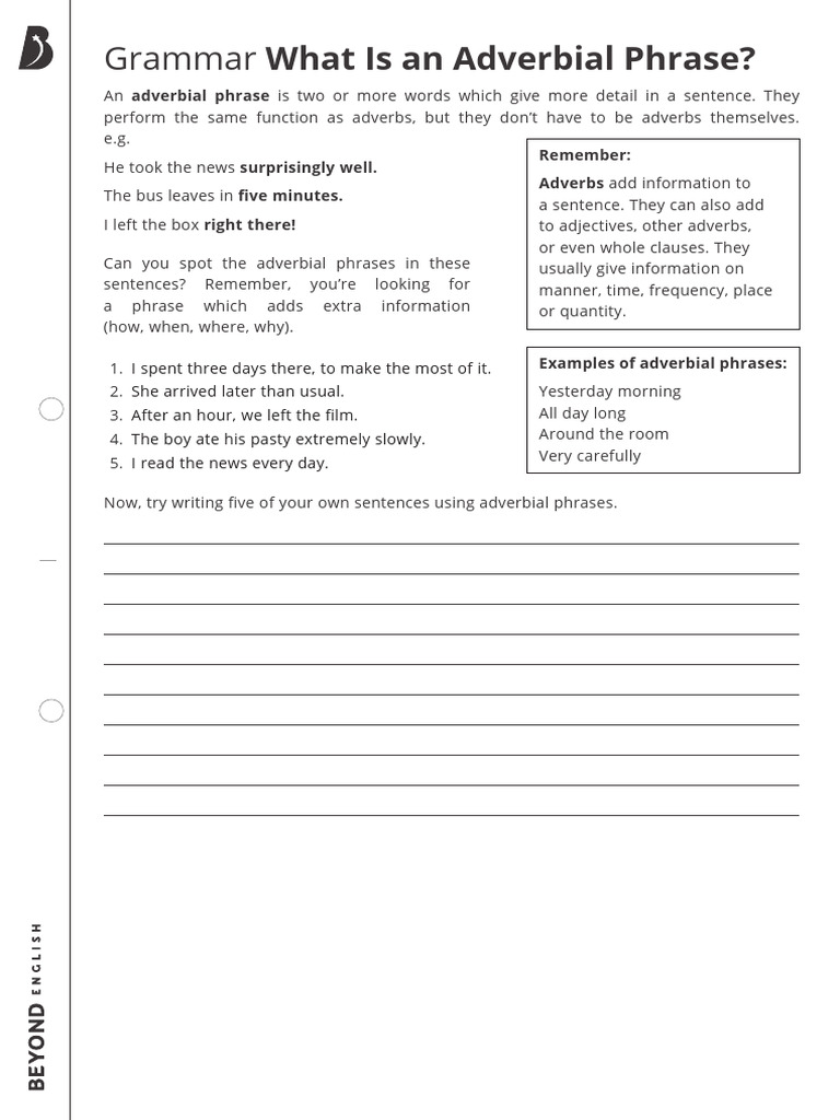 What Is An Adverbial Phrase Worksheet Ver 1 | PDF