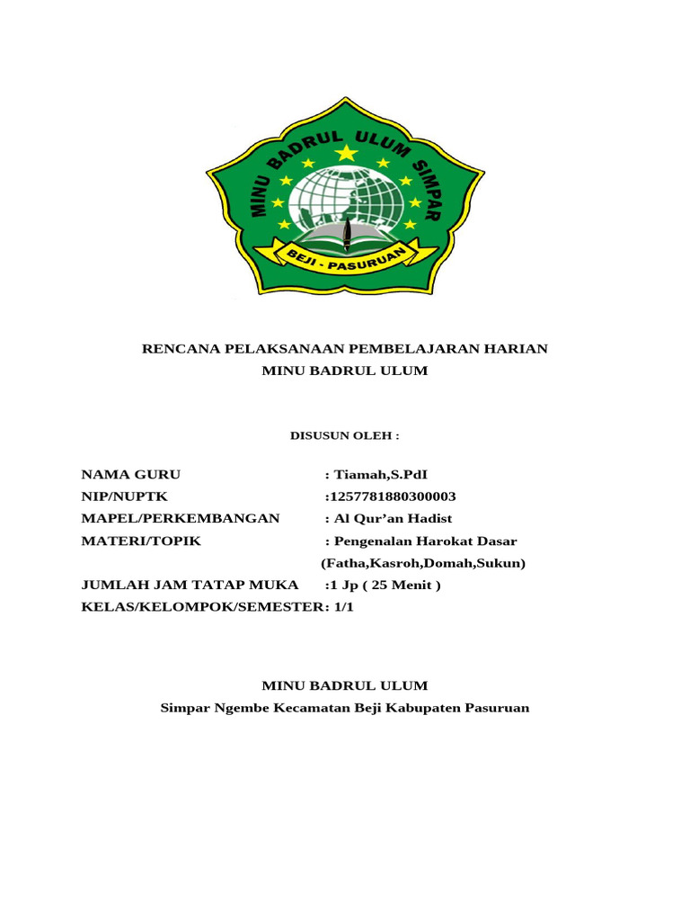 RPP Harakat Dasar untuk Kelas 1 Al-Qur'an | PDF