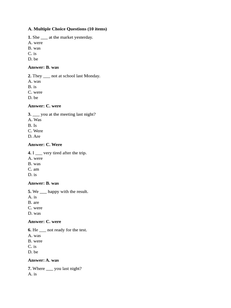 English Verb Quiz: Was vs. Were | PDF