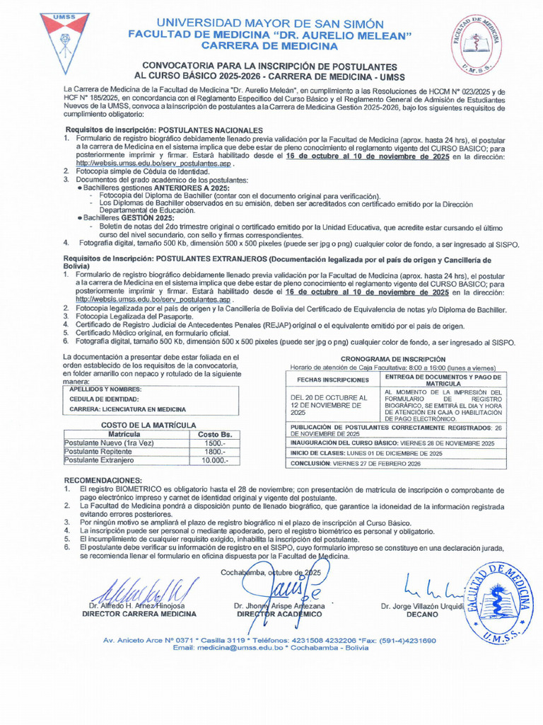 Convocatoria Curso Basico 2025 2026 Carrera Medicina | PDF
