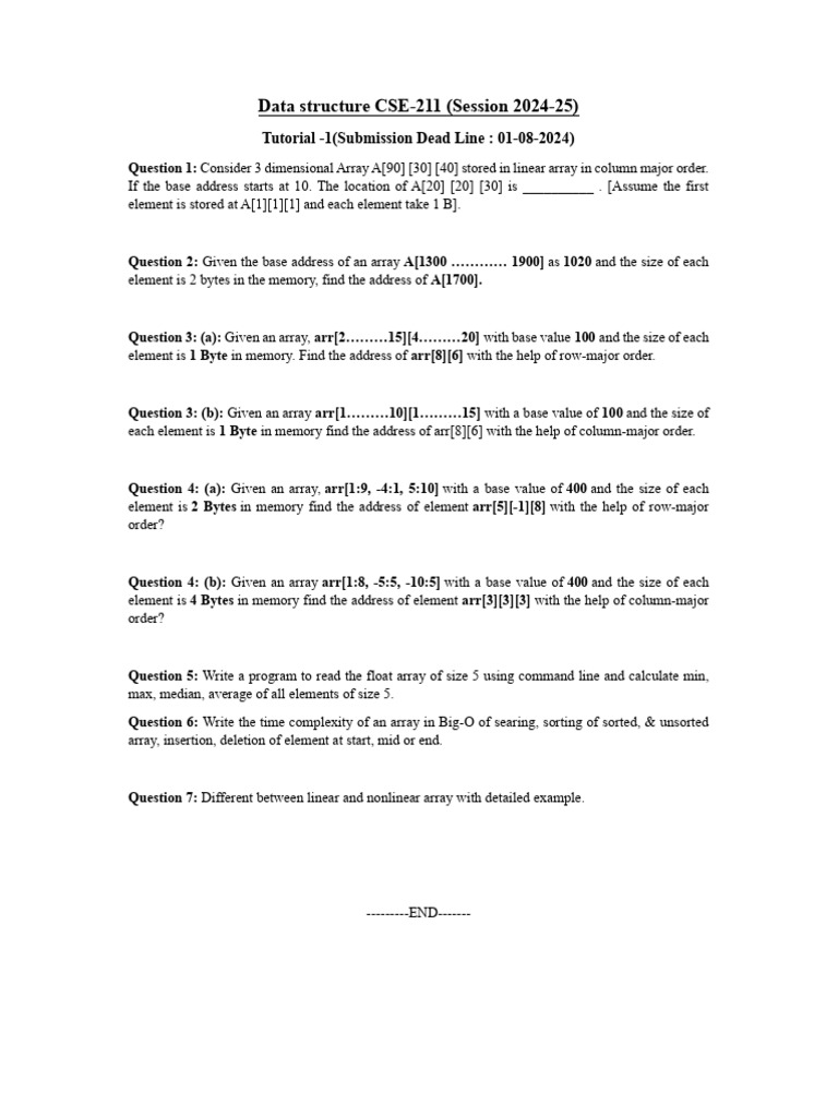Tutorial-1 Data Structure CSE-211 | PDF