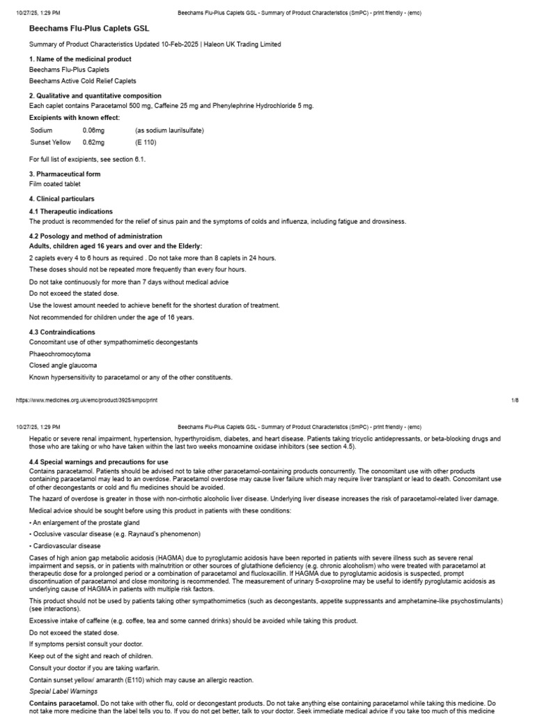 Beechams Flu-Plus Caplets GSL - Summary of Product Characteristics ...
