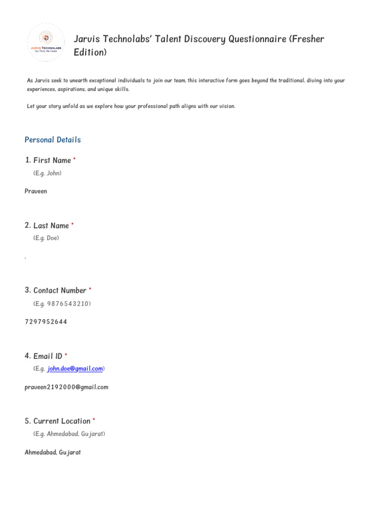 Jarvis Technolabs' Talent Discovery Questionnaire (Fresher Edition) | PDF