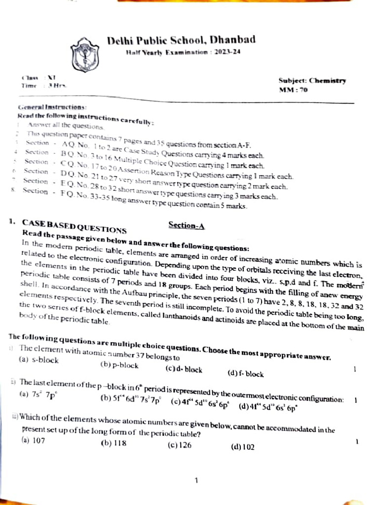 Chemistry Exam Paper: Class 10 DPS Dhanbad | PDF | Periodic Table ...