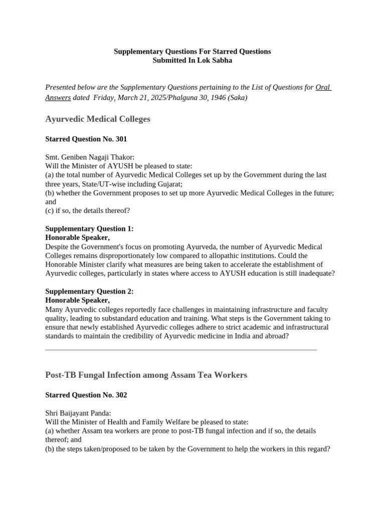 Supplementary Questions - March 21 | PDF | Tuberculosis | Health Care
