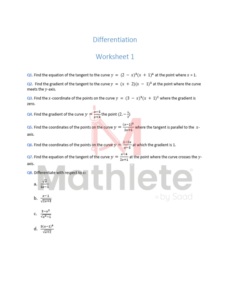 Differentiation Worksheet 1 | PDF