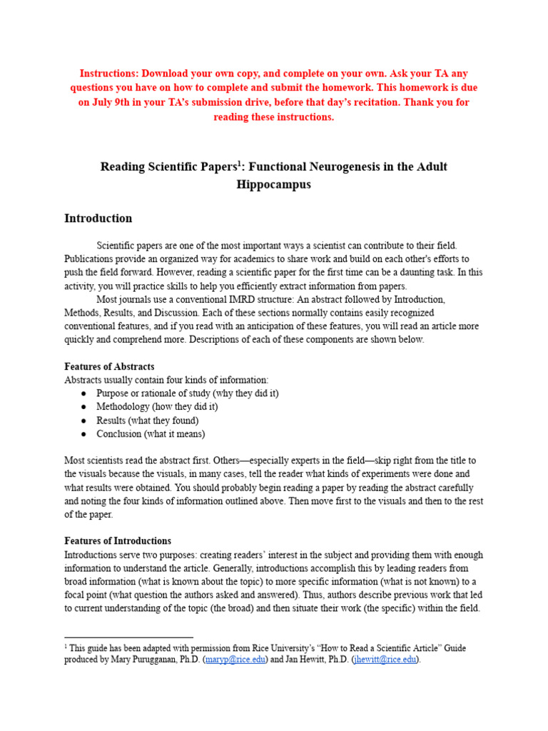Neuroscience I Reading A Paper HW | PDF | Hippocampus | Neurogenesis