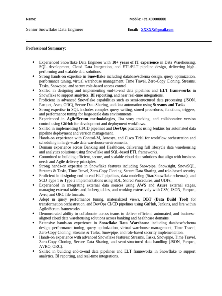 Snowflake Developer Resume-8+ Yrs | PDF | Data Warehouse | Databases