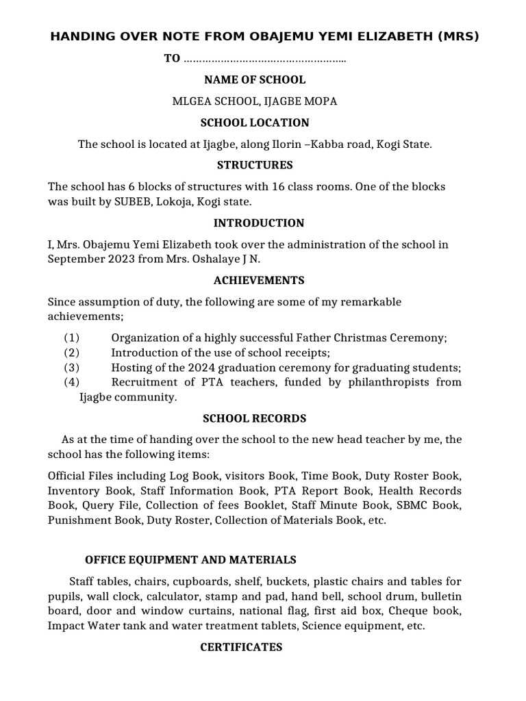 Handing Over Note From Obajemu Yemi Elizabeth | PDF