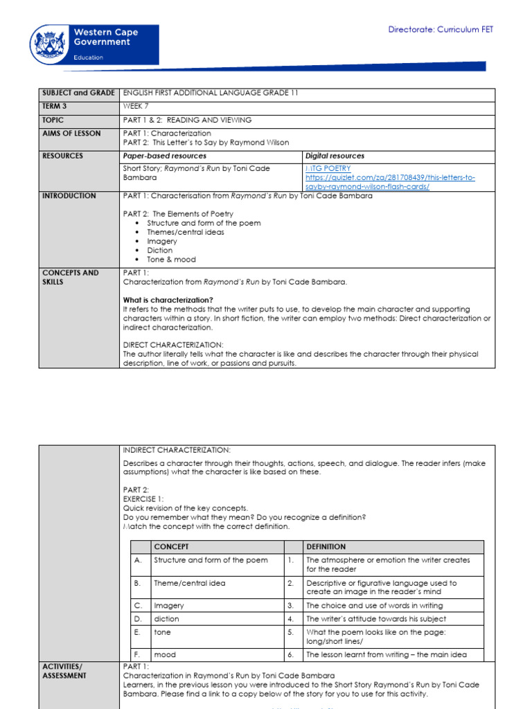 English FAL Grade 11 Term 3 Week 7_2020 (3) | PDF | Poetry | Madam