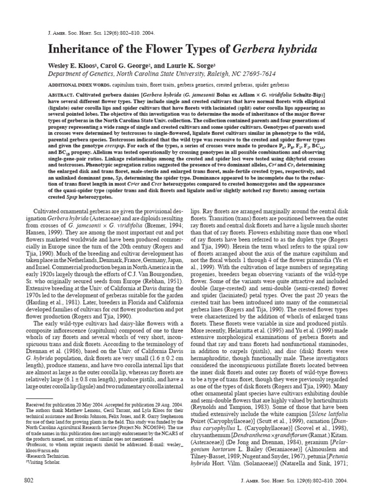 Inheritance of The Flower Types of Gerbera Hybrida | PDF | Dominance ...