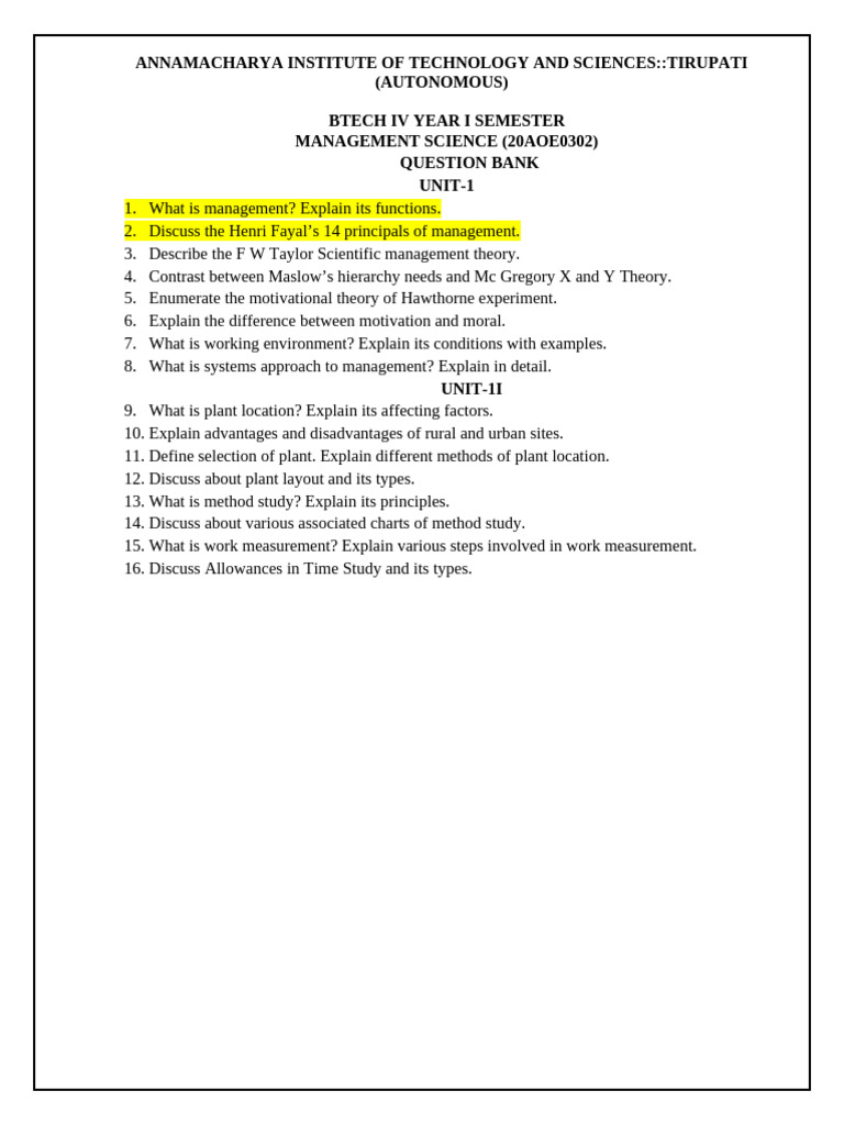 Management Science Question Bank Units 1-2 | PDF | Motivation ...