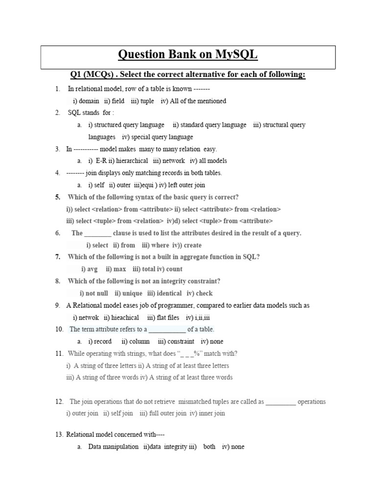 7127aaa4 94e4 4a9a b155 9c4ff18a6733mysql Question Bank | PDF | Relational Model | Sql