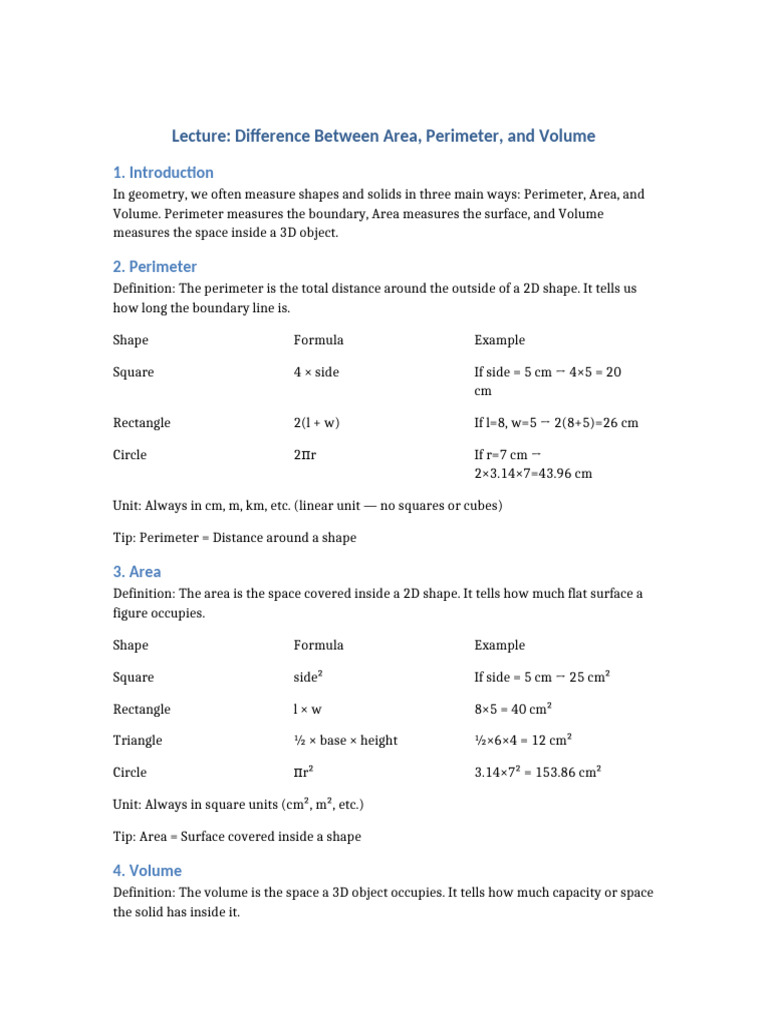 Difference Between Area Perimeter Volume | PDF | Area | Volume