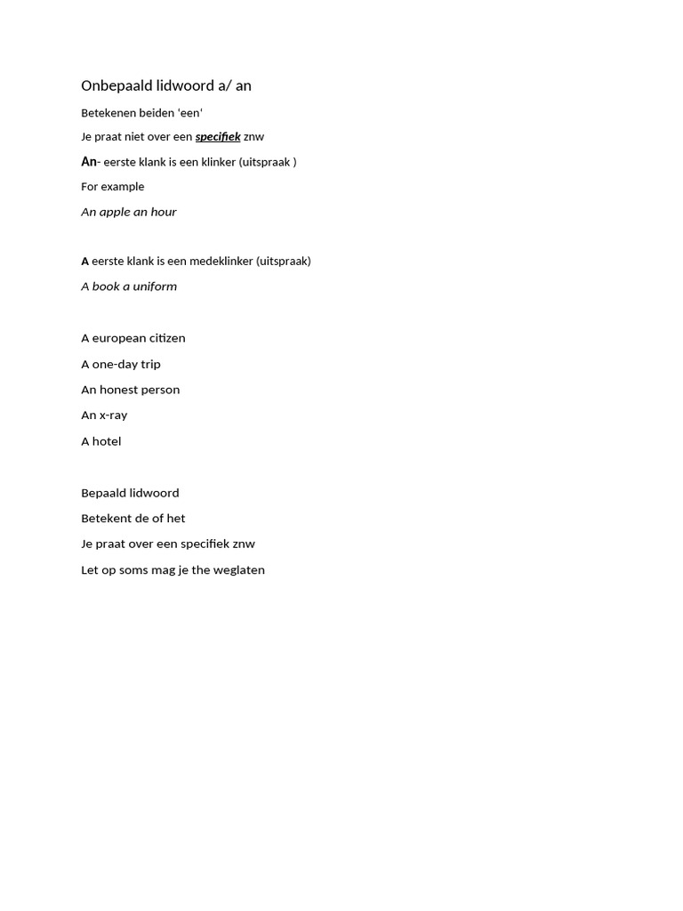 Bepaald en Onbepaald Lidwoord | PDF