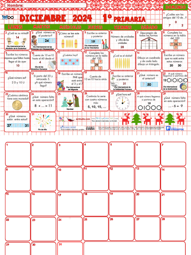 1°? Calendario Matemático DICIEMBRE-24-25 Actiludis? | PDF