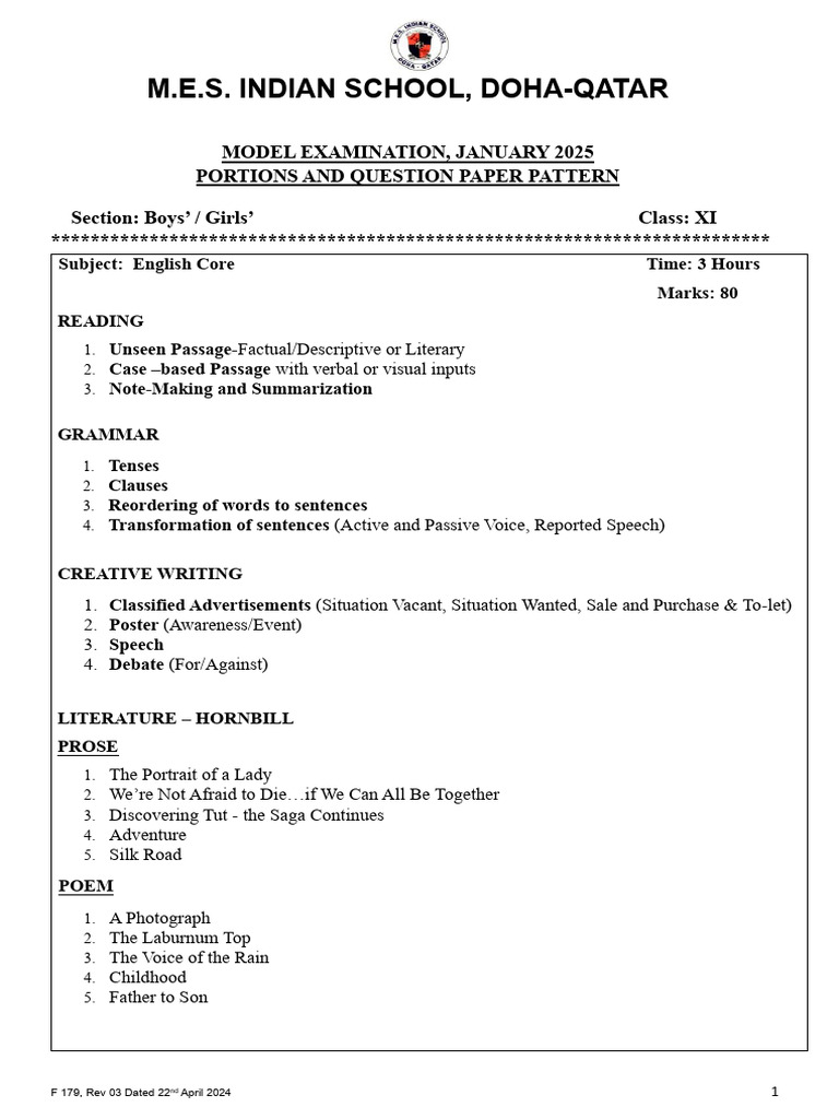 Grade 11-Model Exam Portion & Pattern Jan 2025 | PDF | Sentence ...