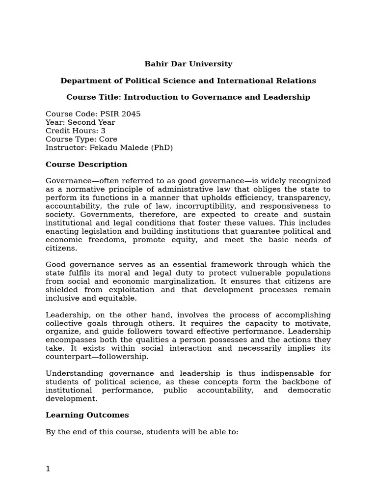 Governance and Leadership Course Overview | PDF | Governance | Leadership
