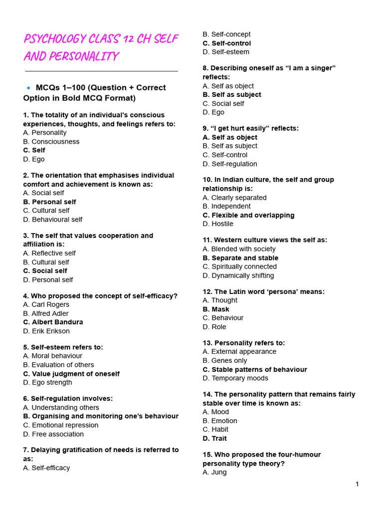 Psychology Class 12 CH 2 Ai Questions | PDF | Self Actualization | Self Esteem