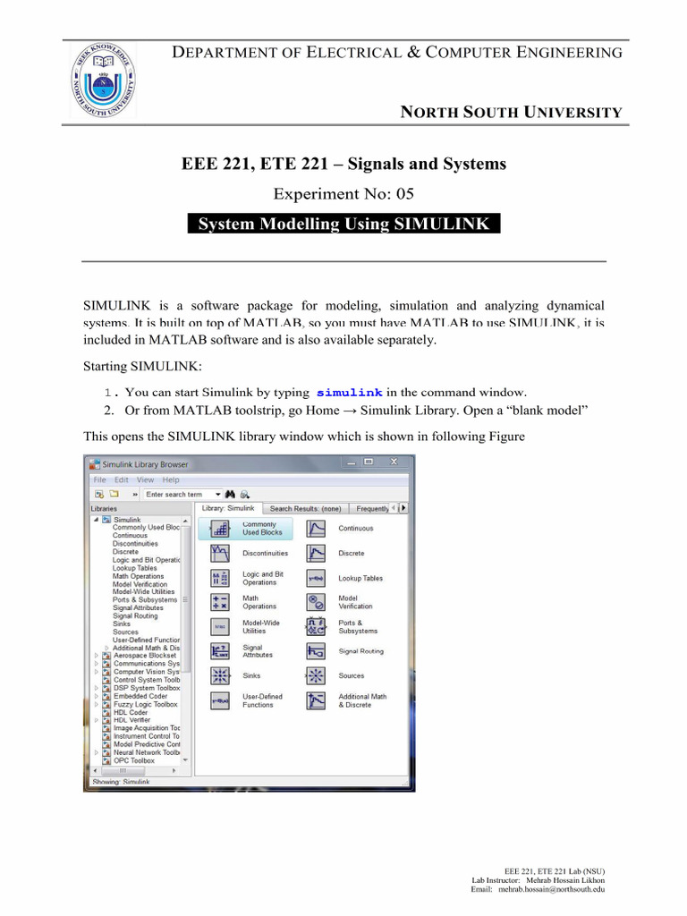 Eee 221 Lab Manual 5 (Simulink) | PDF