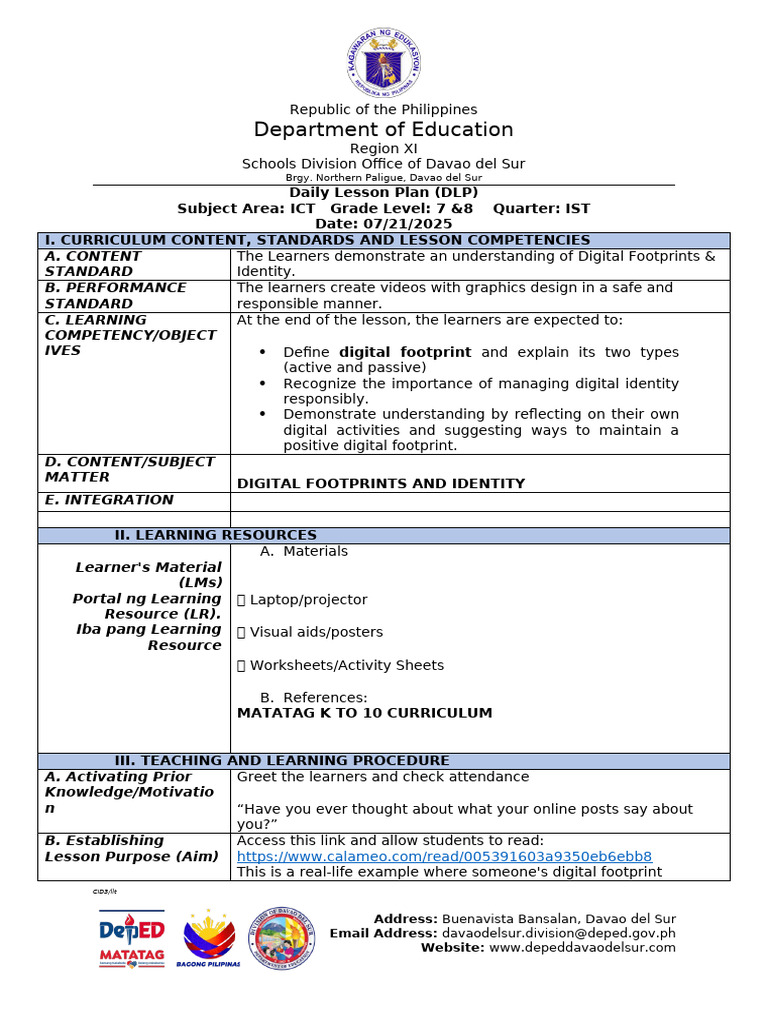 Digital Footprint Lesson Plan for Grades 7-8 | PDF | Educational ...