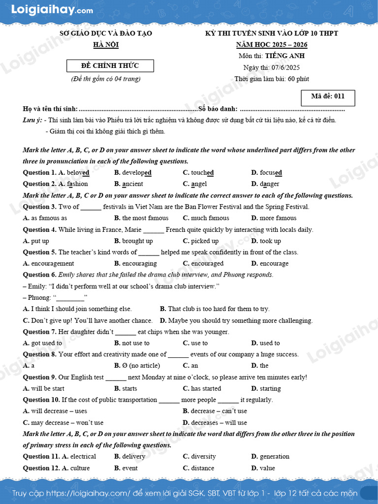 Đề Thi Vào 10 24-25 | PDF | Adolescence | Sign Language