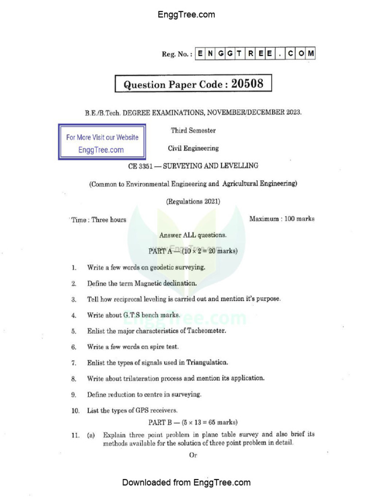 CE3351 Surveying and Levelling Nov Dec 2023 Question Paper Download (2 ...
