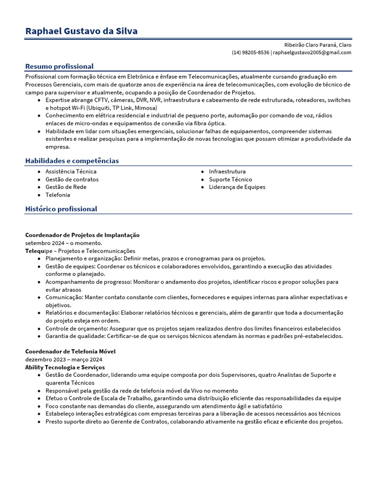 CV_Raphael Gustavo Da Silva | PDF | Rede de computadores | Telefonia